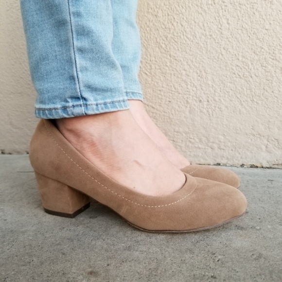 Shoes | Taupe Vegan Suede Round Toe Chunky Heel Pump | Poshmark
